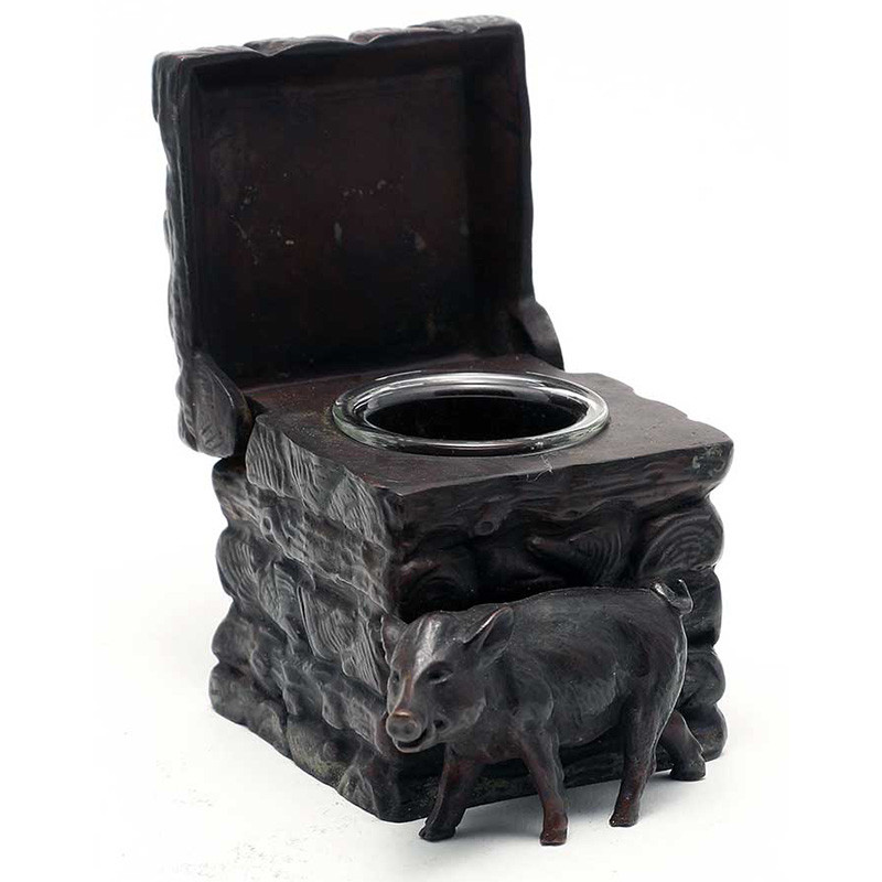 Bronze Copy of a Novelty Victorian Pig and Pigsty Inkwell Statue