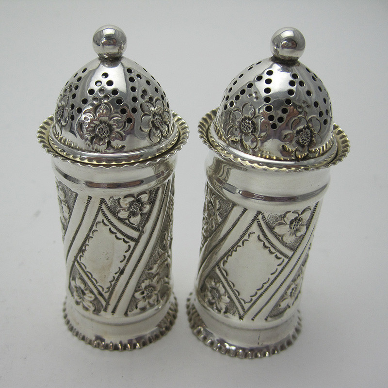 Pair of Victorian Silver Peppers in a Shaped Leather Blue Velvet Lined Box