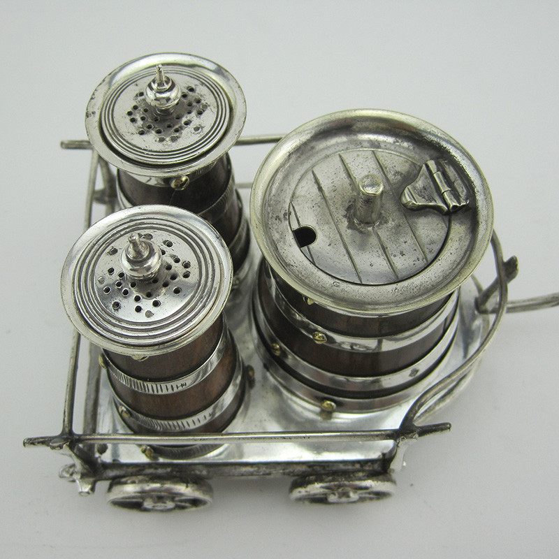 Victorian Oak and Silver Plated Barrow Form Condiment Set (c.1895)