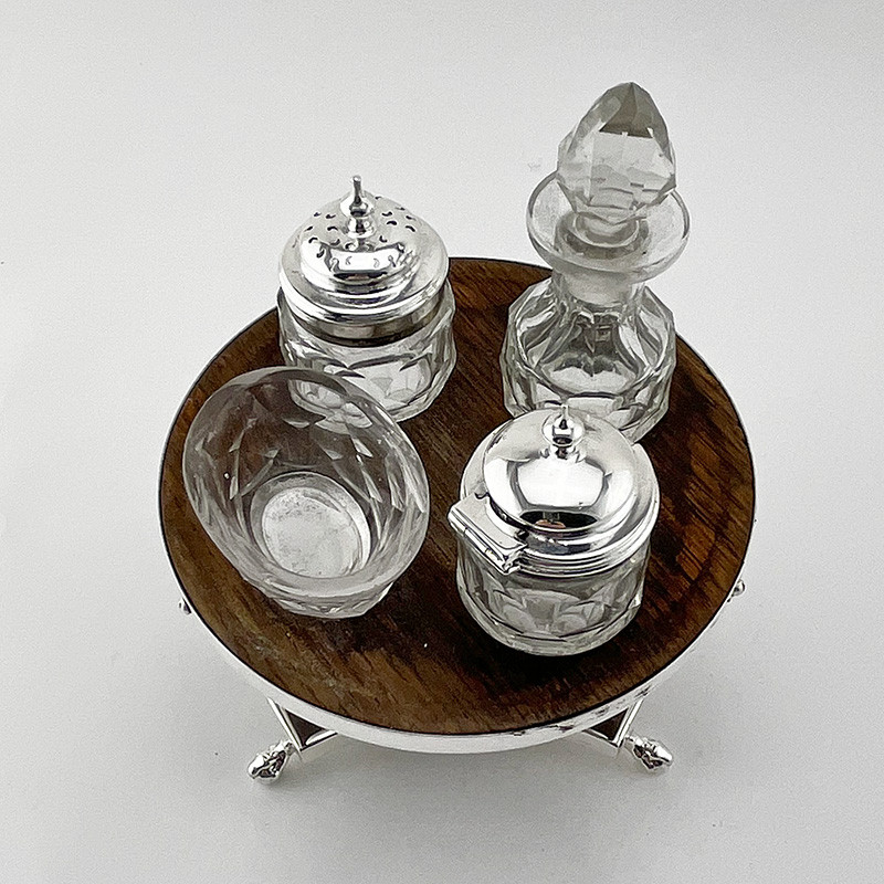 Victorian Oak & Silver Plated Pedestal Base Table Shaped Cruet Set