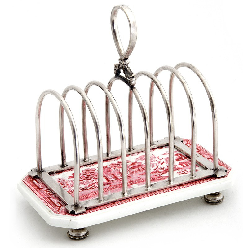 Victorian Silver Plate Toast Rack with Cut Corner Spode Base (c.1890)