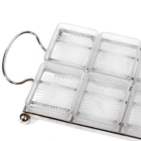 Unusual Size Silver Plated Orderve Tray with 12 Glass Dishes. (c.1930)