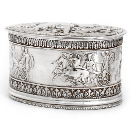 Silver Plated Electrotype Oval Hinged Box with Scenes of Roman Chariots ...