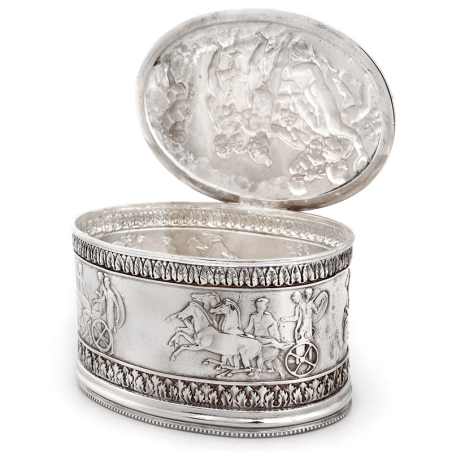 Silver Plated Electrotype Oval Hinged Box with Scenes of Roman Chariots ...