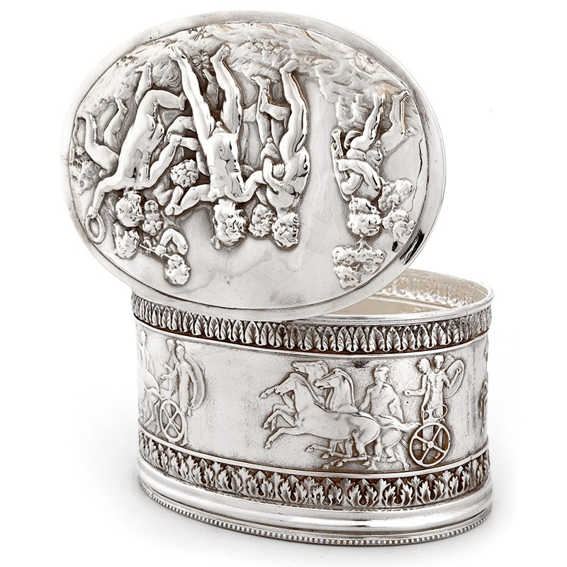 Silver Plated Electrotype Oval Hinged Box with Scenes of Roman Chariots ...