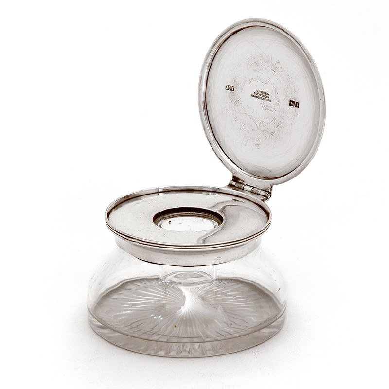 Edwardian Circular Ink Pot with a Plain Hinged Lid and a Shaped Clear ...