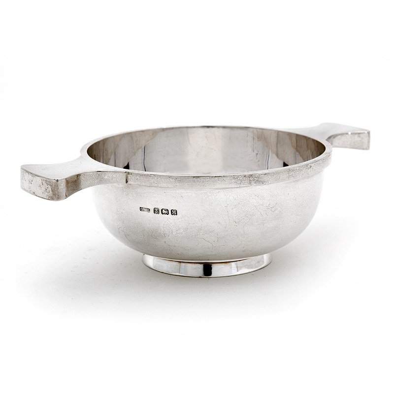 Circular Silver Porringer or Quaich Bowl with Two Applied Tab Handles