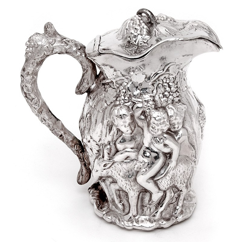 Electrotype Silver Plated Wine Jug Embossed with Cherubs at a Grape Harvest