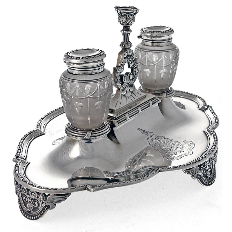Antique Elkington Silver Ink Stand with Two Glass Inkwells (1874)