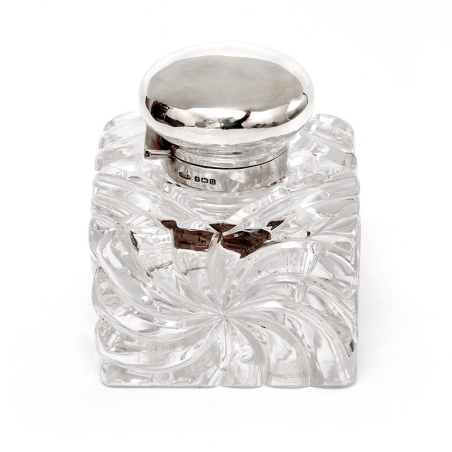 John Grinsell Silver Mounted and Cut Glass Swirl Design Inkwell (1919)