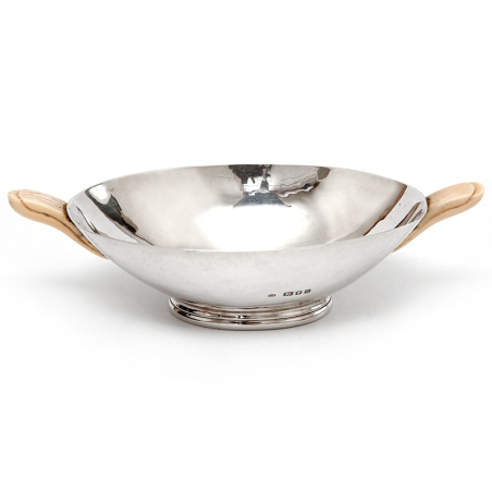 Silver Art Deco Style Oval Dish with a Hammered Finish Body and Ivory ...