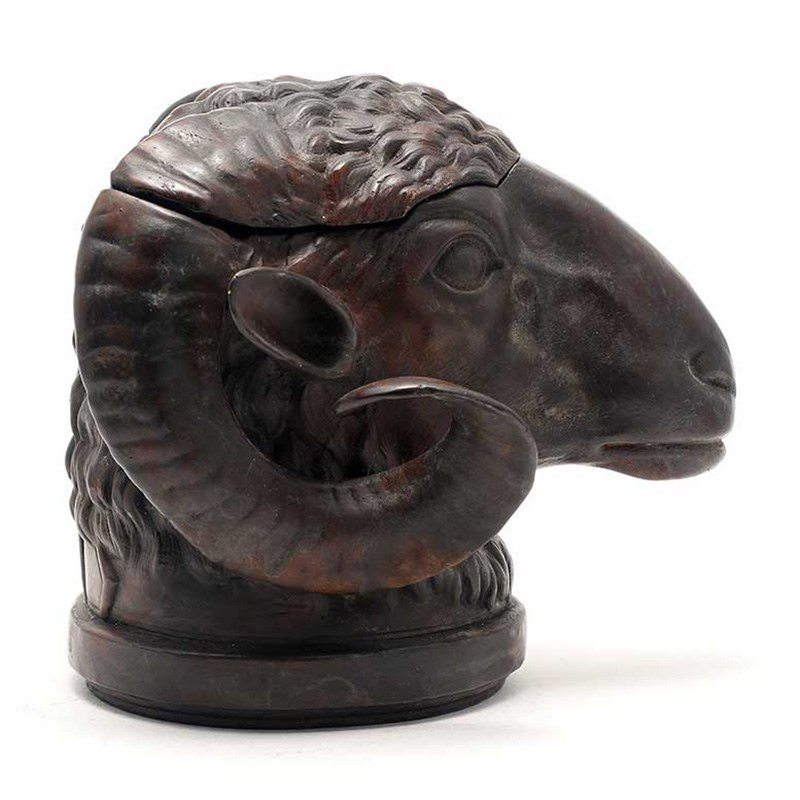 Unusual Bronze Rams Head Statue Ink Well in Victorian Style