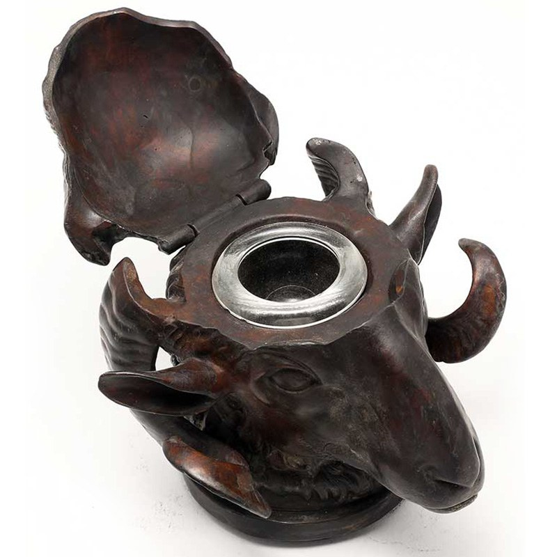 Unusual Bronze Rams Head Statue Ink Well in Victorian Style