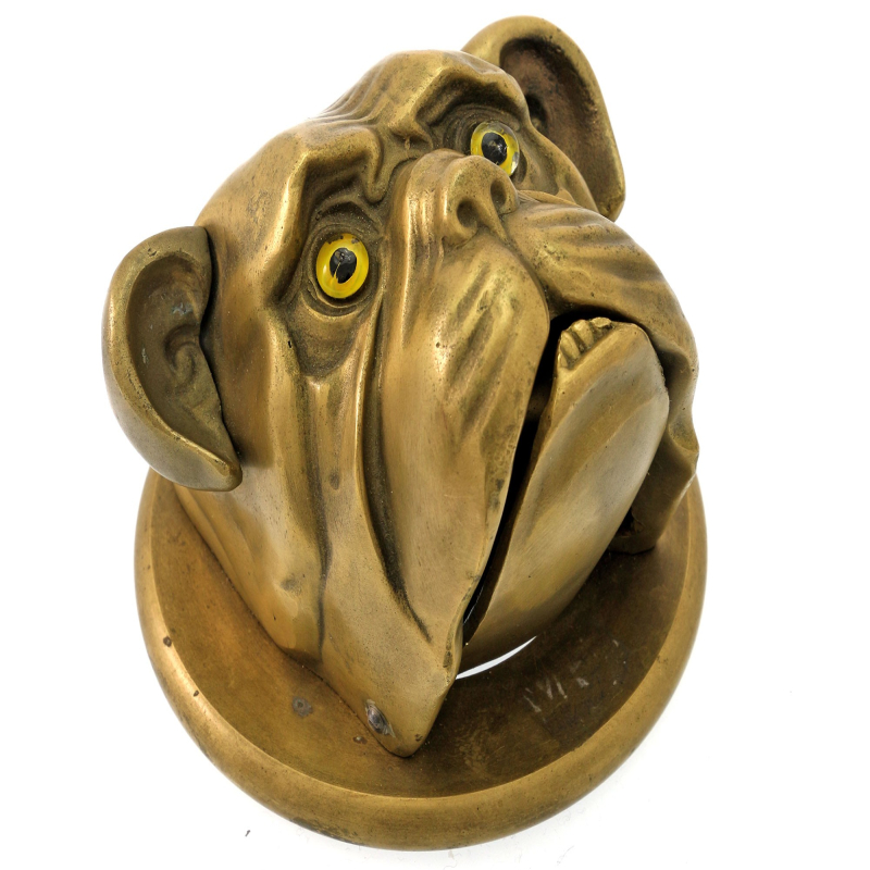 Brass Victorian Style Pug Dog Table Bell Statue with Glass Eyes