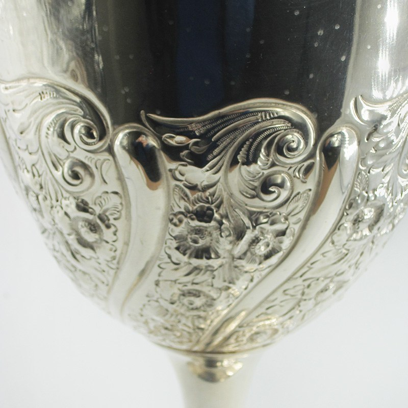Large Victorian Silver Goblet Trophy Cup with Floral and Scroll Embossing